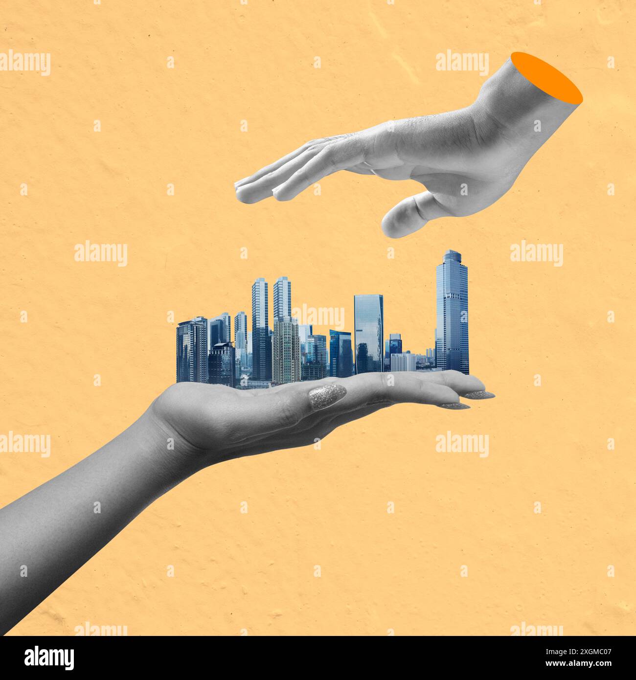Human hand showing modern buildings and skyscrapers with a colored ...