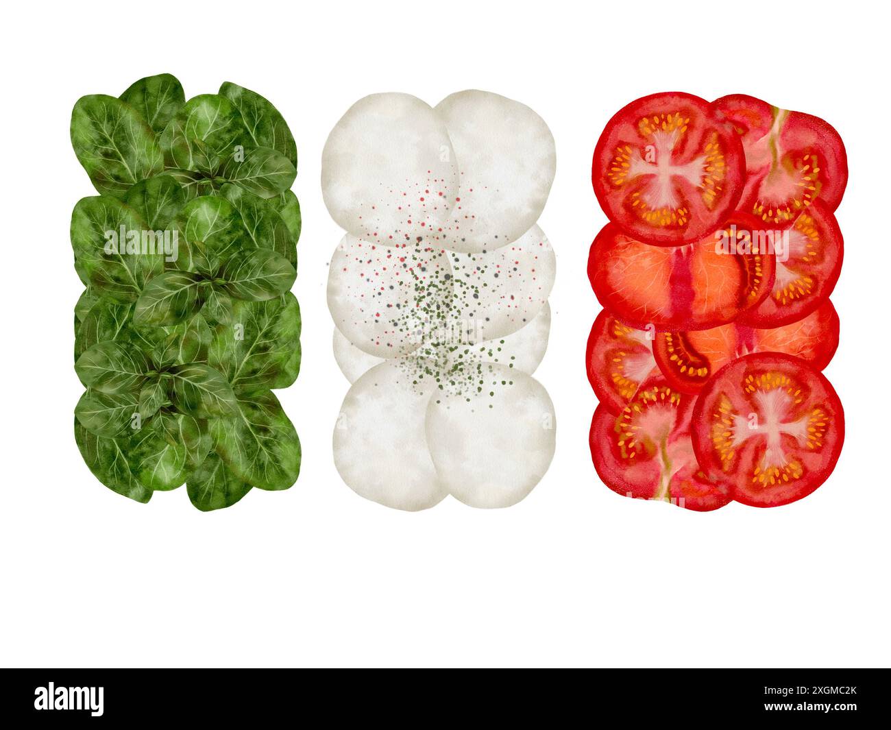 Spinach, mozzarella, and tomatoes arranged vertically make a colorful ...