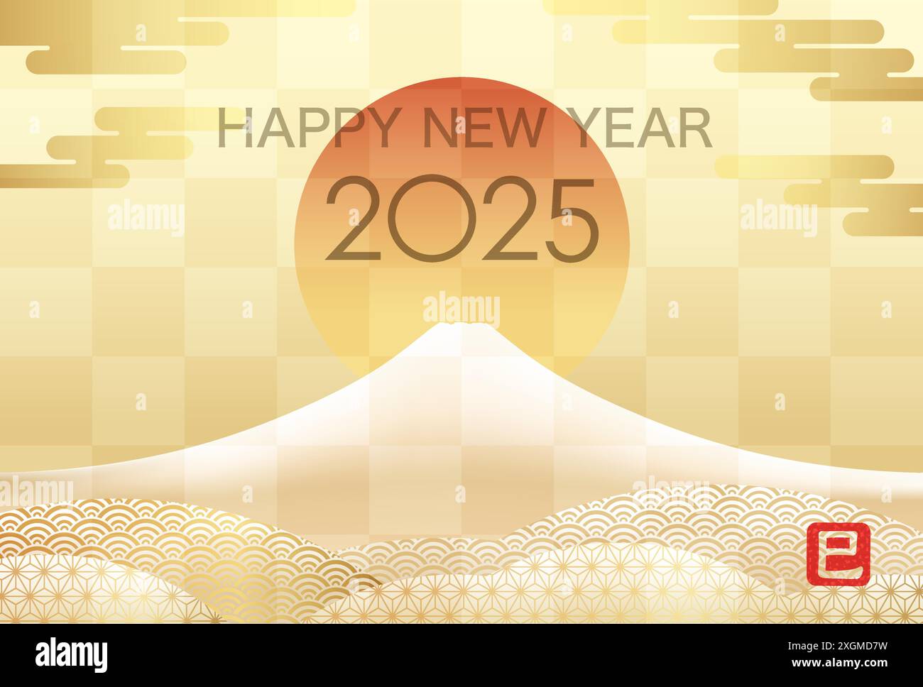 2025, The Year Of The Snake, Greeting Card With Snow-Covered Mt. Fuji ...