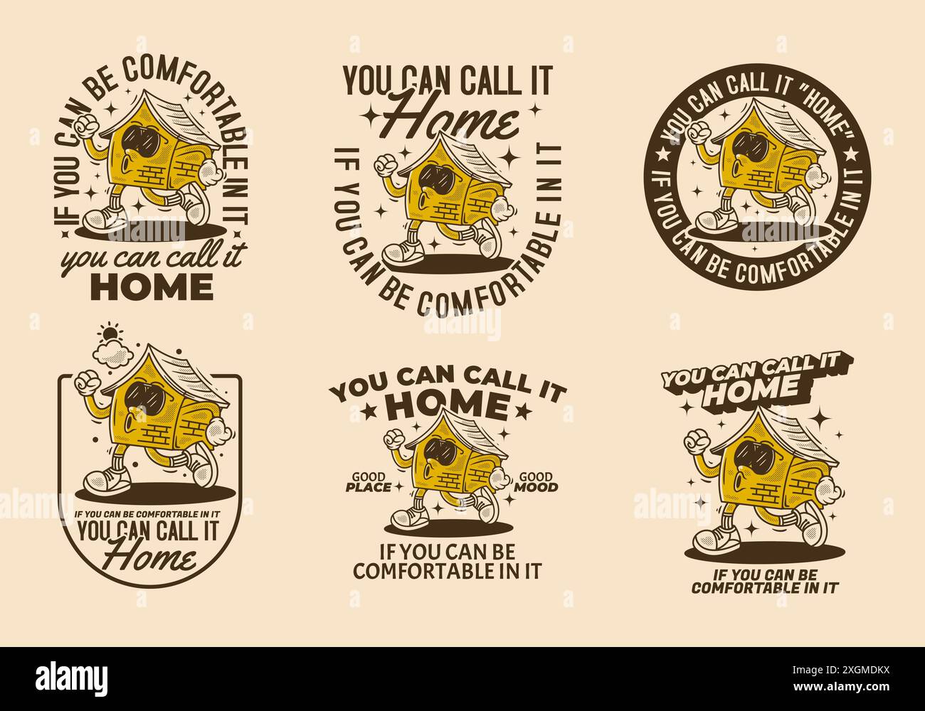 Walking house mascot character illustration in vintage retro style ...