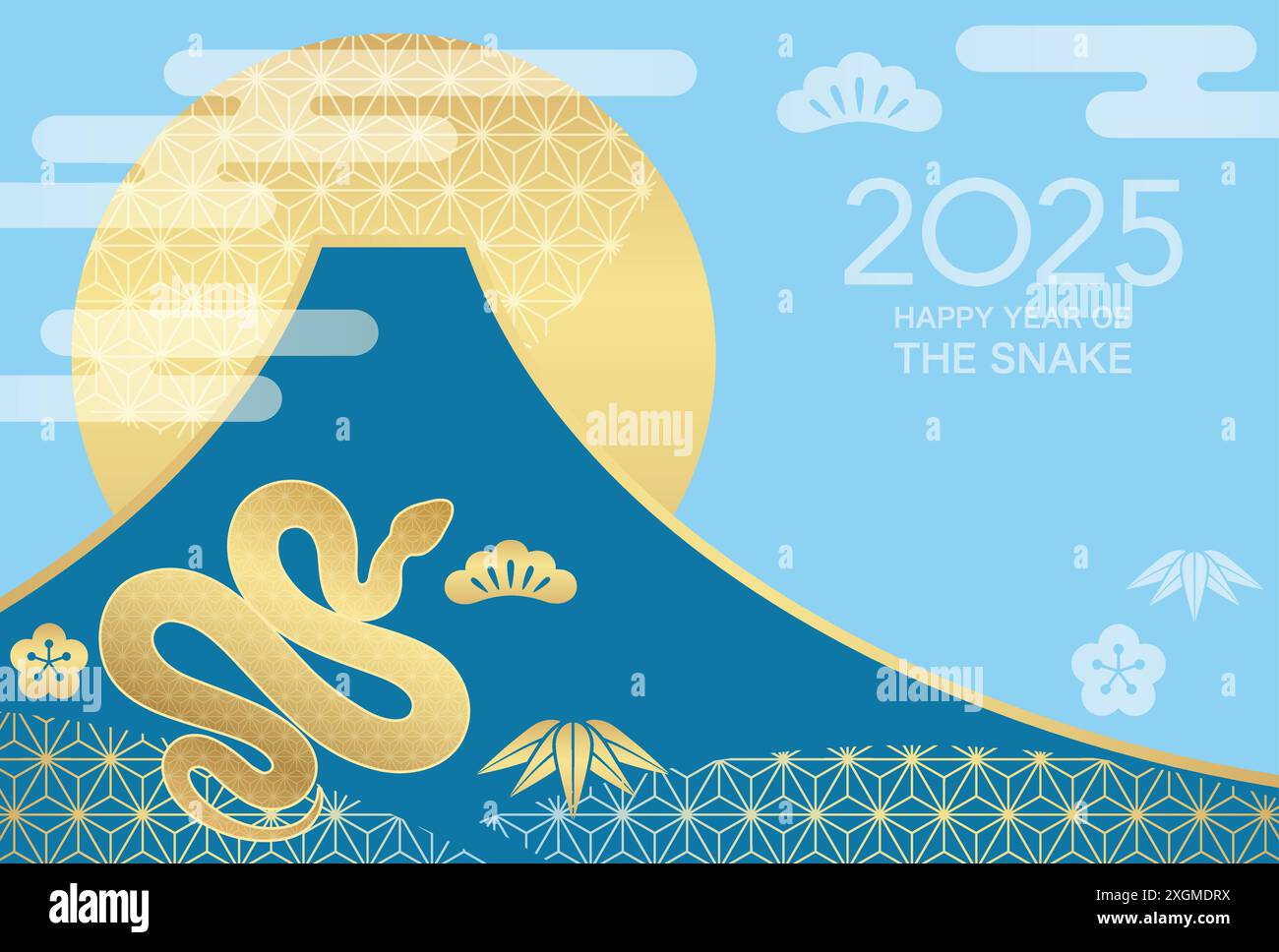 2025, The Year Of The Snake, Greeting Card With Snow-Covered Mt. Fuji ...