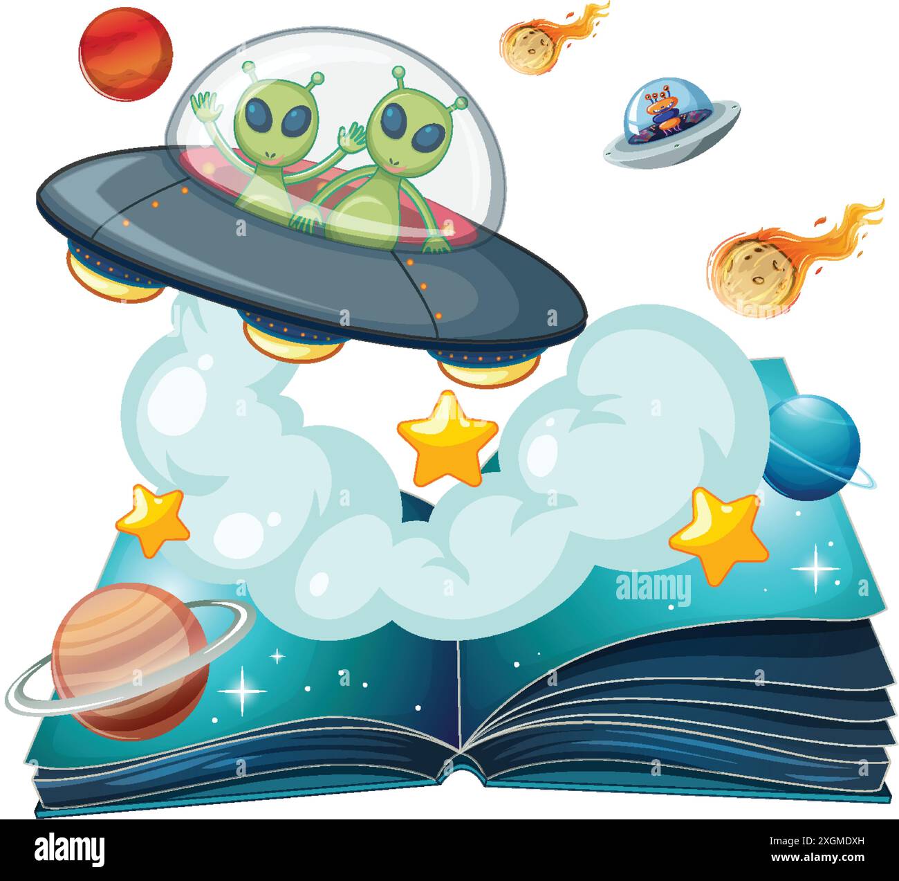 Aliens in a spaceship above an open book Stock Vector Image & Art - Alamy