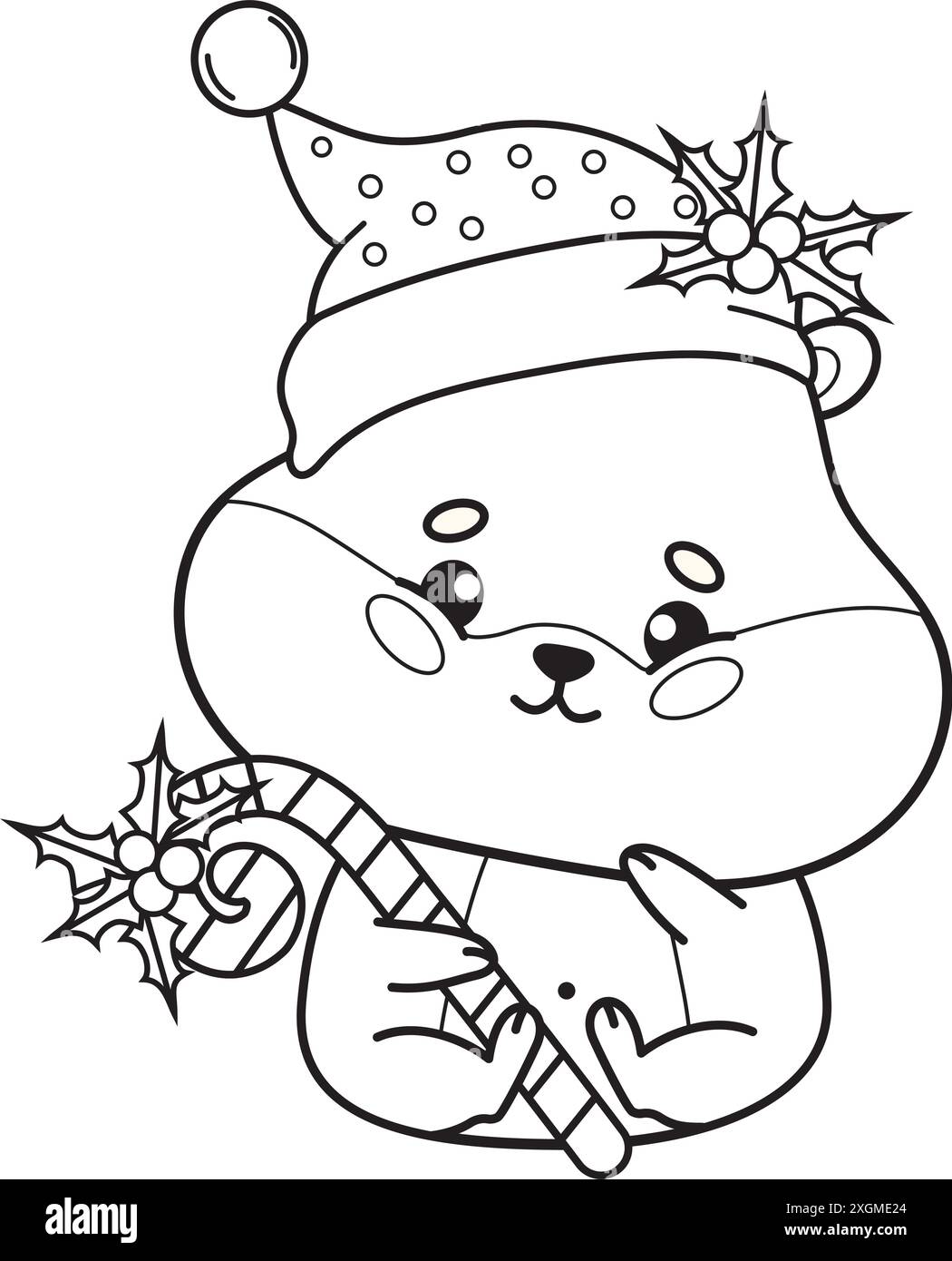 Cute Christmas hamster in Santa hat with striped candy cane with holly ...