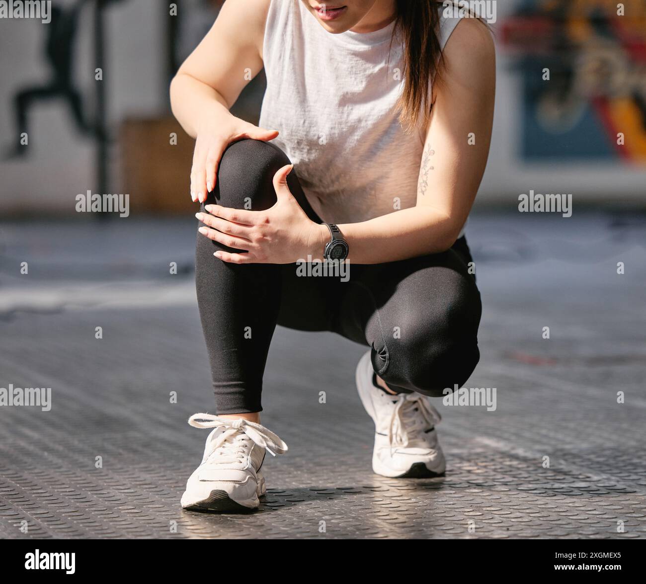 Gym, knee pain and hands of woman with injury after workout, training ...