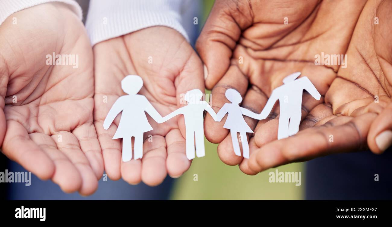 Hands, paper cutout and diversity for family love, support and ...