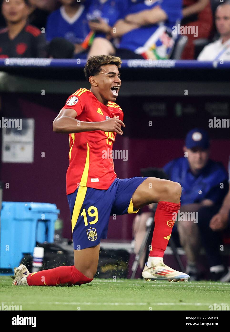 MUNICH, GERMANY - JULY 09: Lamine Yamal of Spain celebrates as he ...