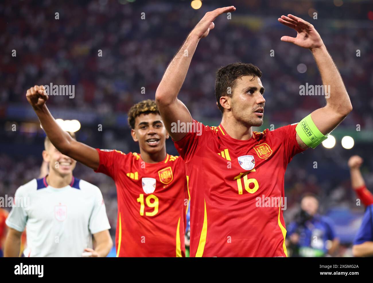 MUNICH, GERMANY - JULY 09: Rodri of Spain celebrate with the fans after ...