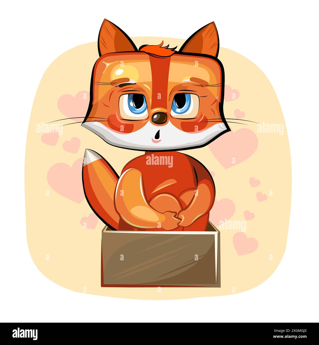 Little fox in cardboard box. Animal isolated on white background ...