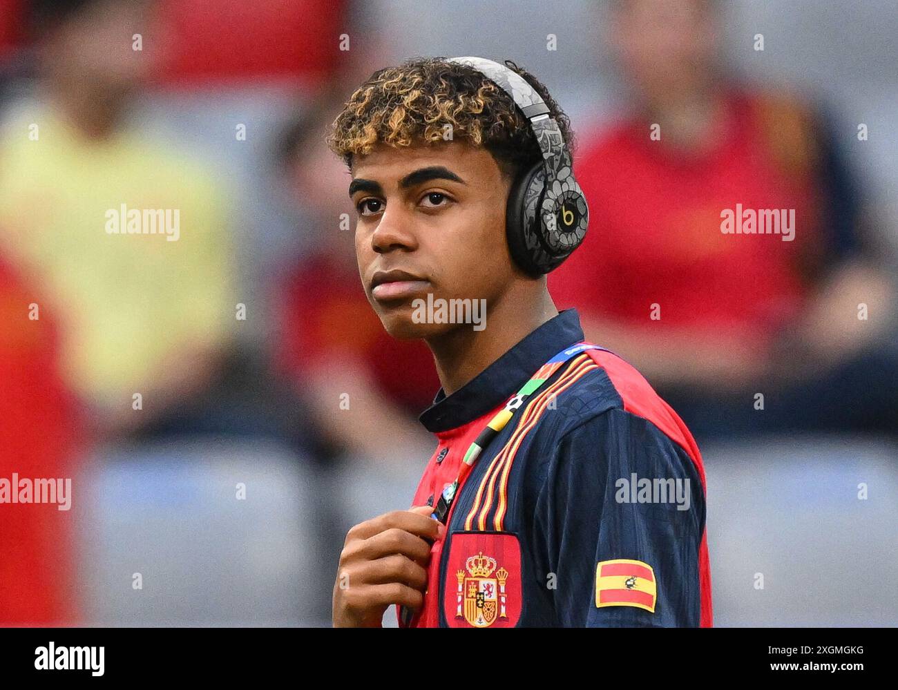 Munich, Germany. 9th July, 2024. Lamine Yamal of Spain reacts before the UEFA Euro 2024 ...