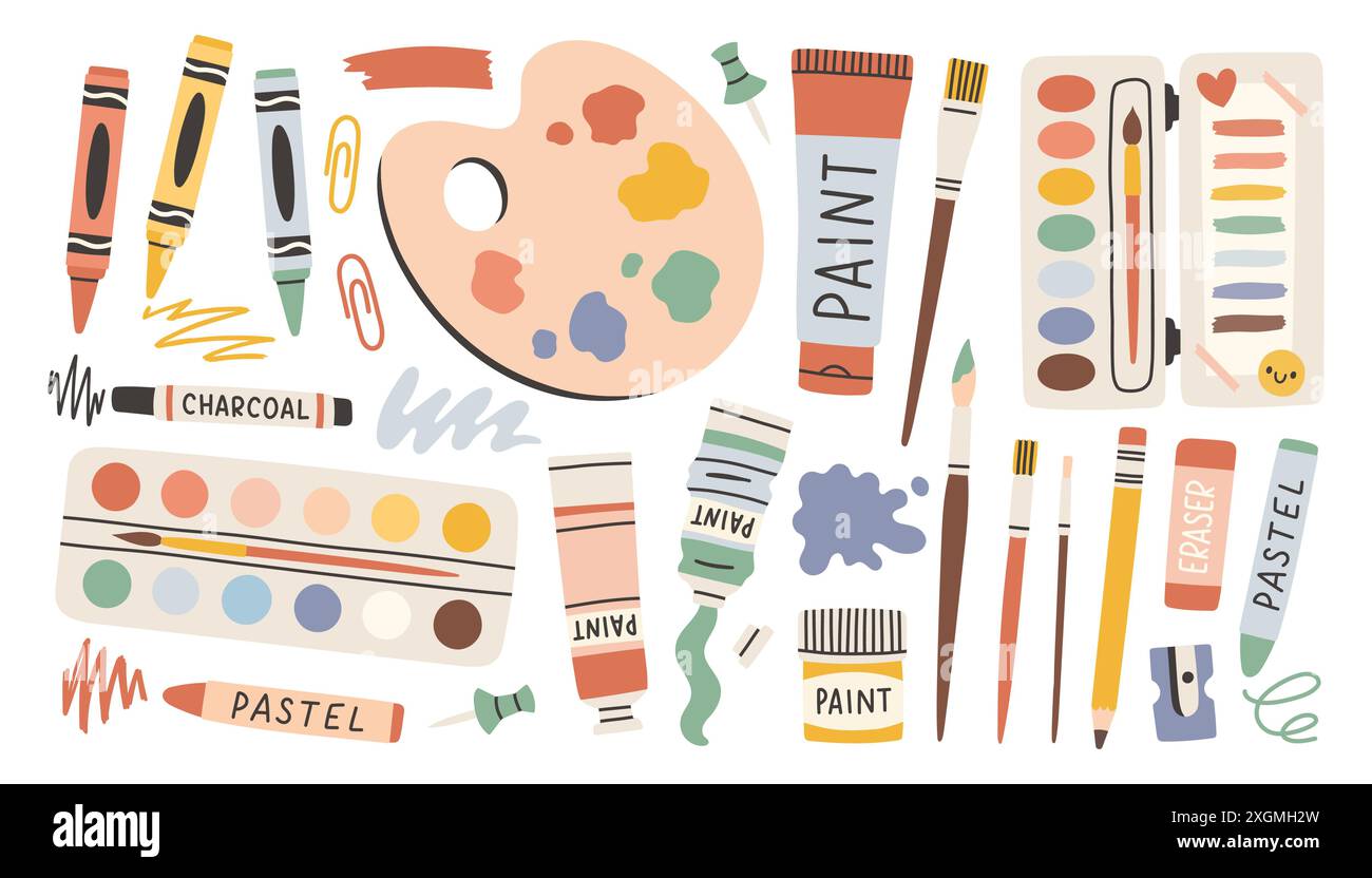 Set with painting tools elements, cartoon style. Paint tubes, brushes ...