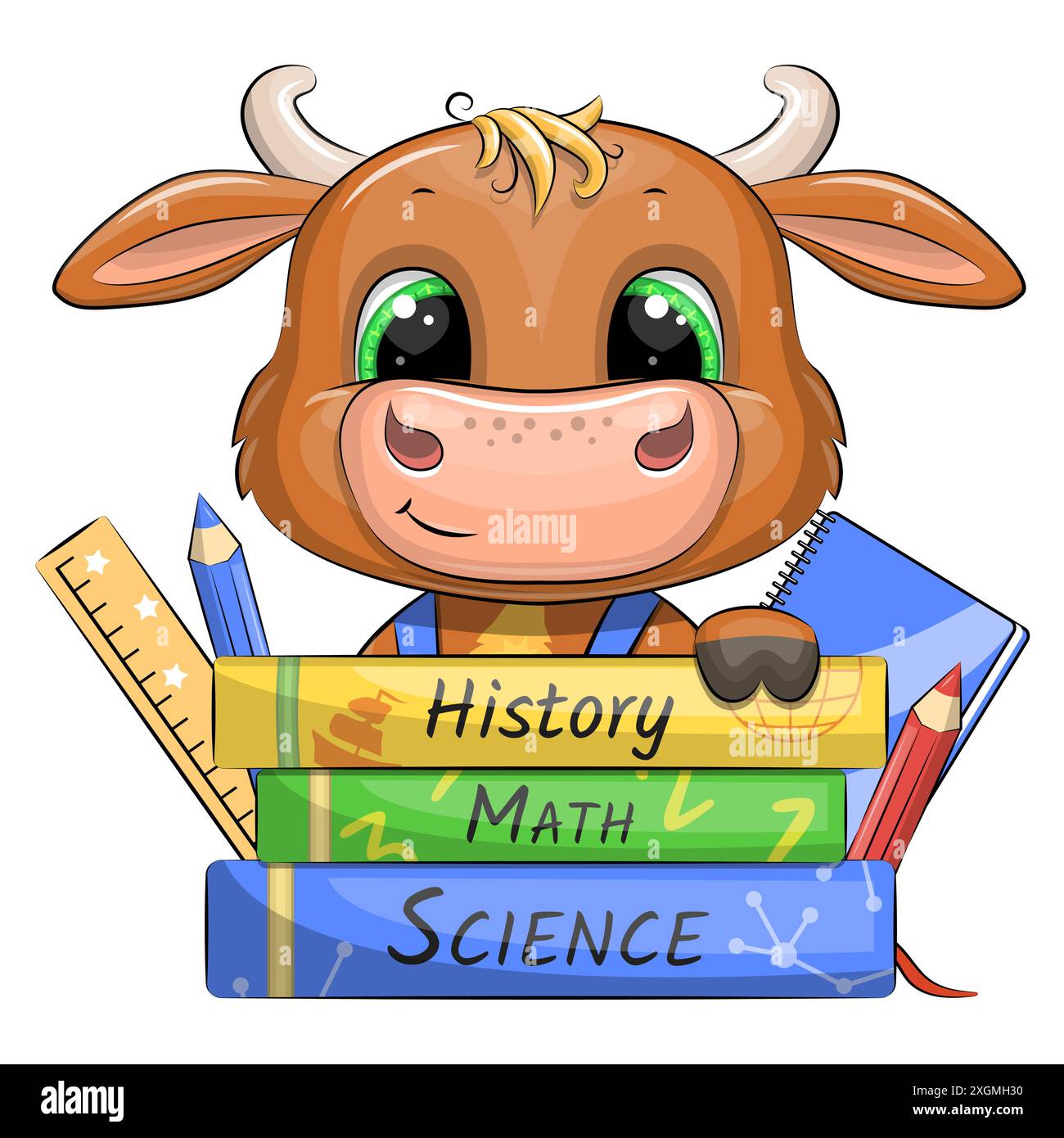 Cute cartoon bull with school books, pencils, notebook and measuring ...