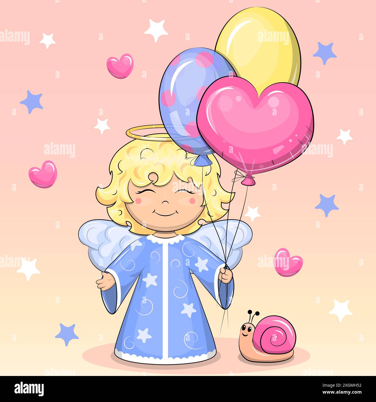 Cute cartoon angel with balloons and snail. Vector illustration on a ...
