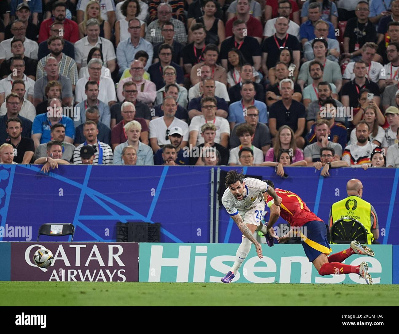 Munich, Germany. 9th July, 2024. Alvaro Morata (R) of Spain vies with ...