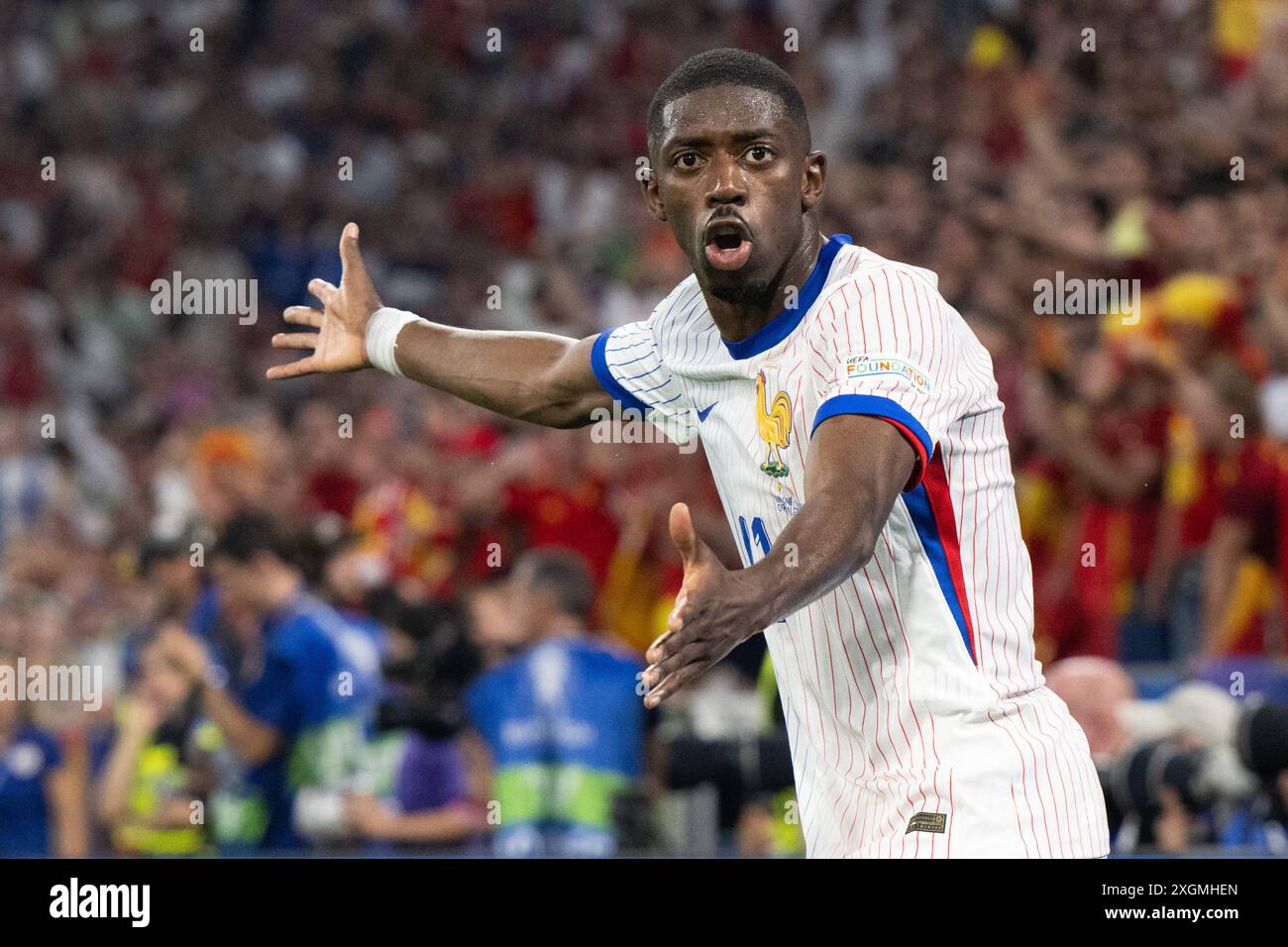 Munich, Germany. 9th July, 2024. Ousmane Dembele of France reacts ...