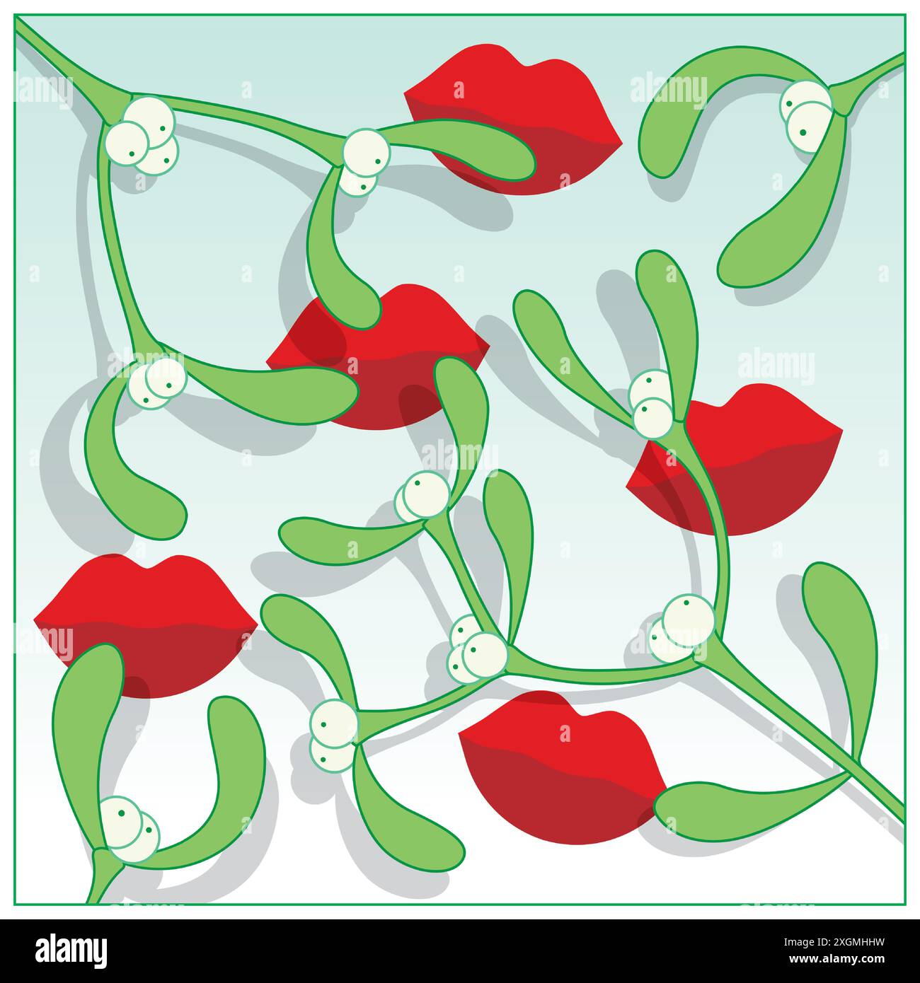 Loose sprigs of Festive Mistletoe with shadows and red lipstick marks ...