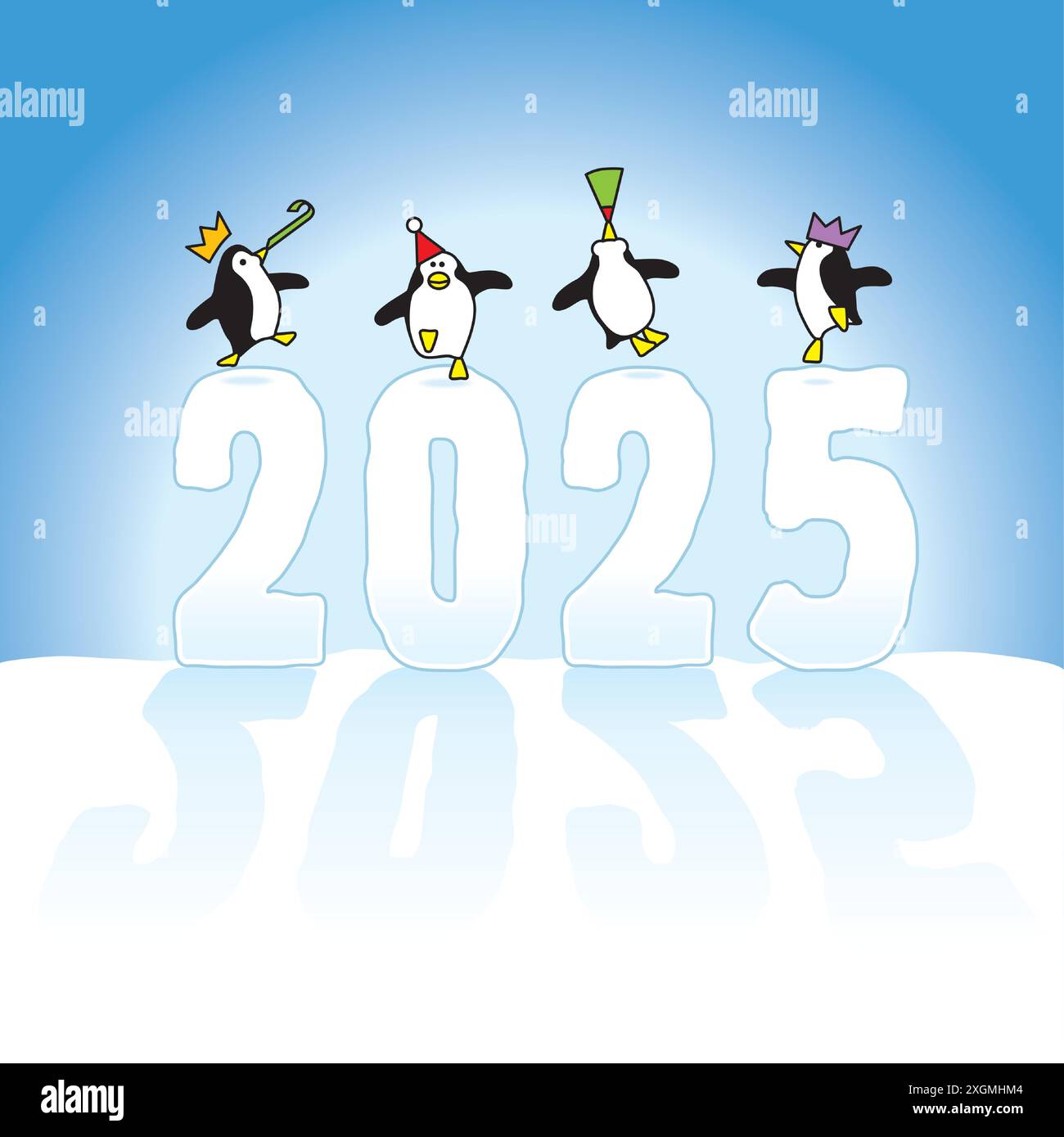 Four Happy Party Penguins wearing Paper Hats Dancing on top of Year ...
