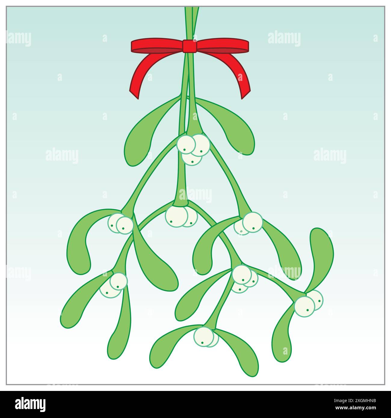 Hanging Festive Bouquet of Mistletoe with a Red Ribbon Bow on an icy ...