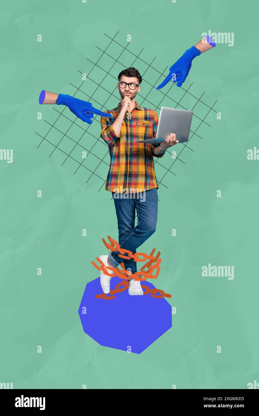 Vertical photo image collage young minded man programmer employee ...