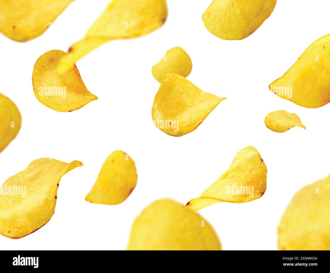 Crunchy salty fried or baked potato chip flying in air. Realistic 3d ...