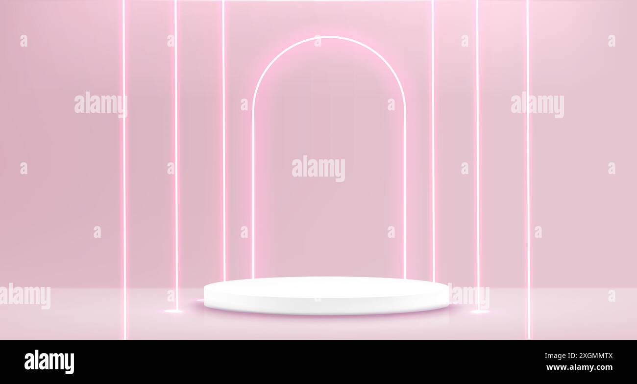 Pink pastel showroom interior with empty white cylinder product podium ...