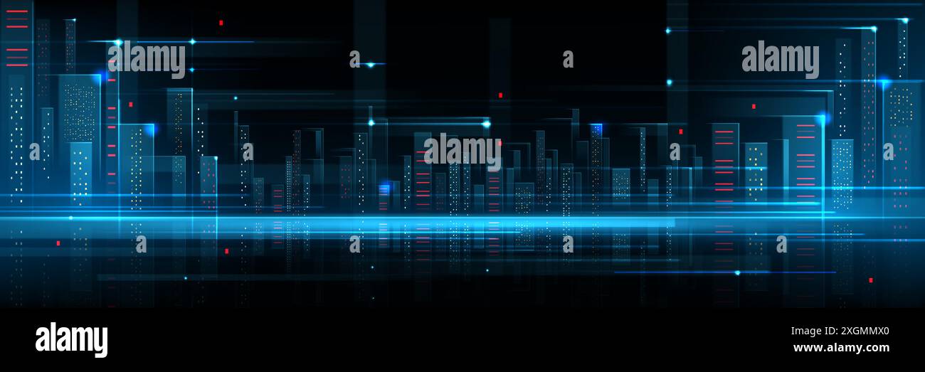 Abstract futuristic background with tech city. Skyscraper constructions ...