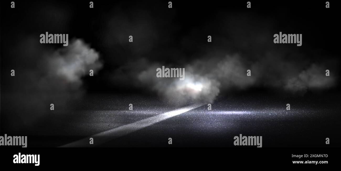 Wet asphalt road with marking line covered in smoke and illuminated by ...