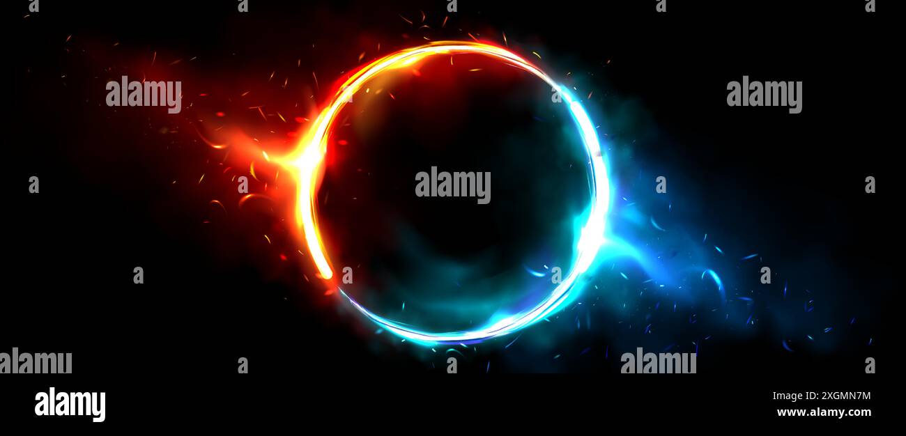 Red and blue neon glow ring with fire flame, particles and smoke on ...