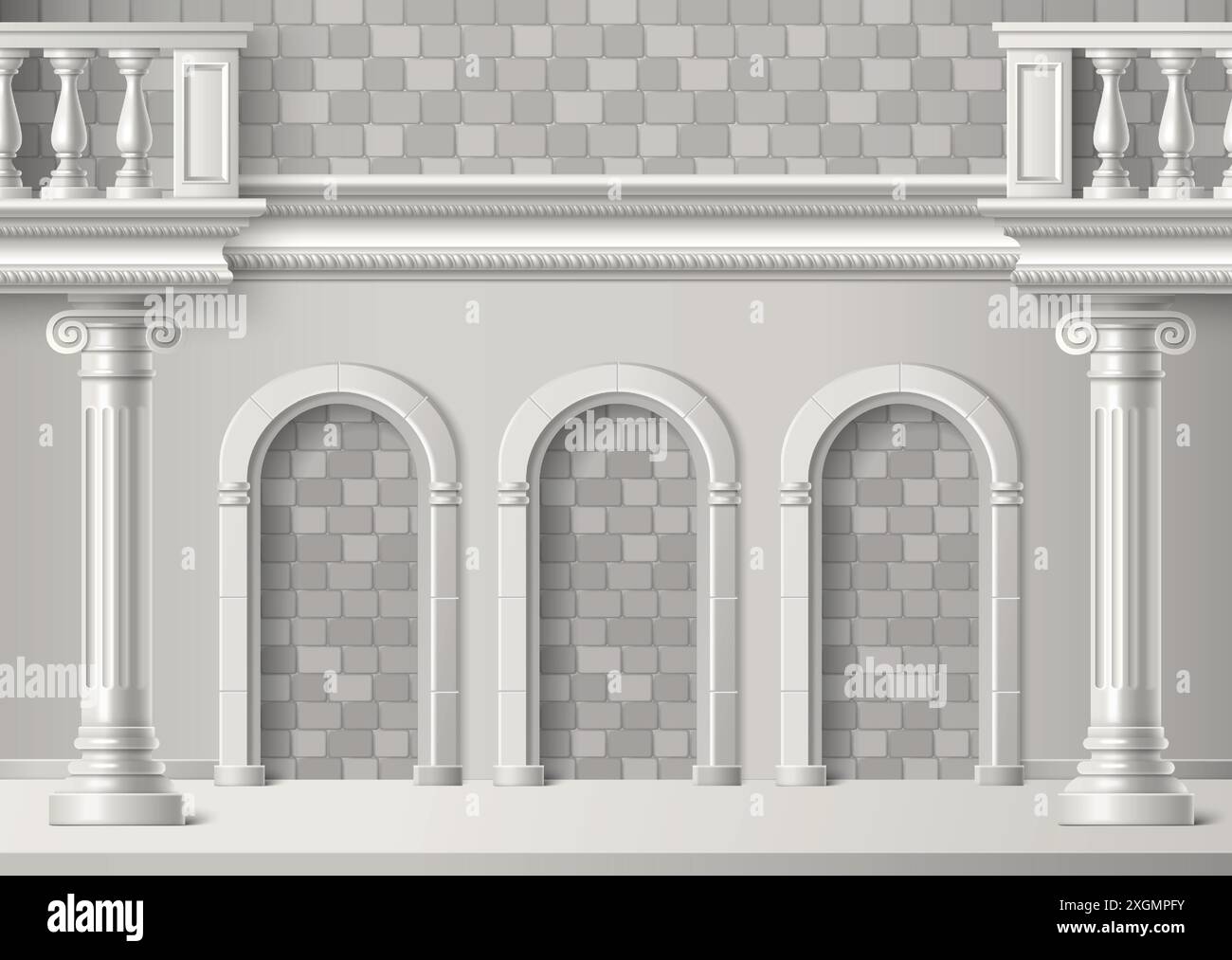 Building brick wall with white gypsum arch holes, roman columns and balcony railing. Realistic ...