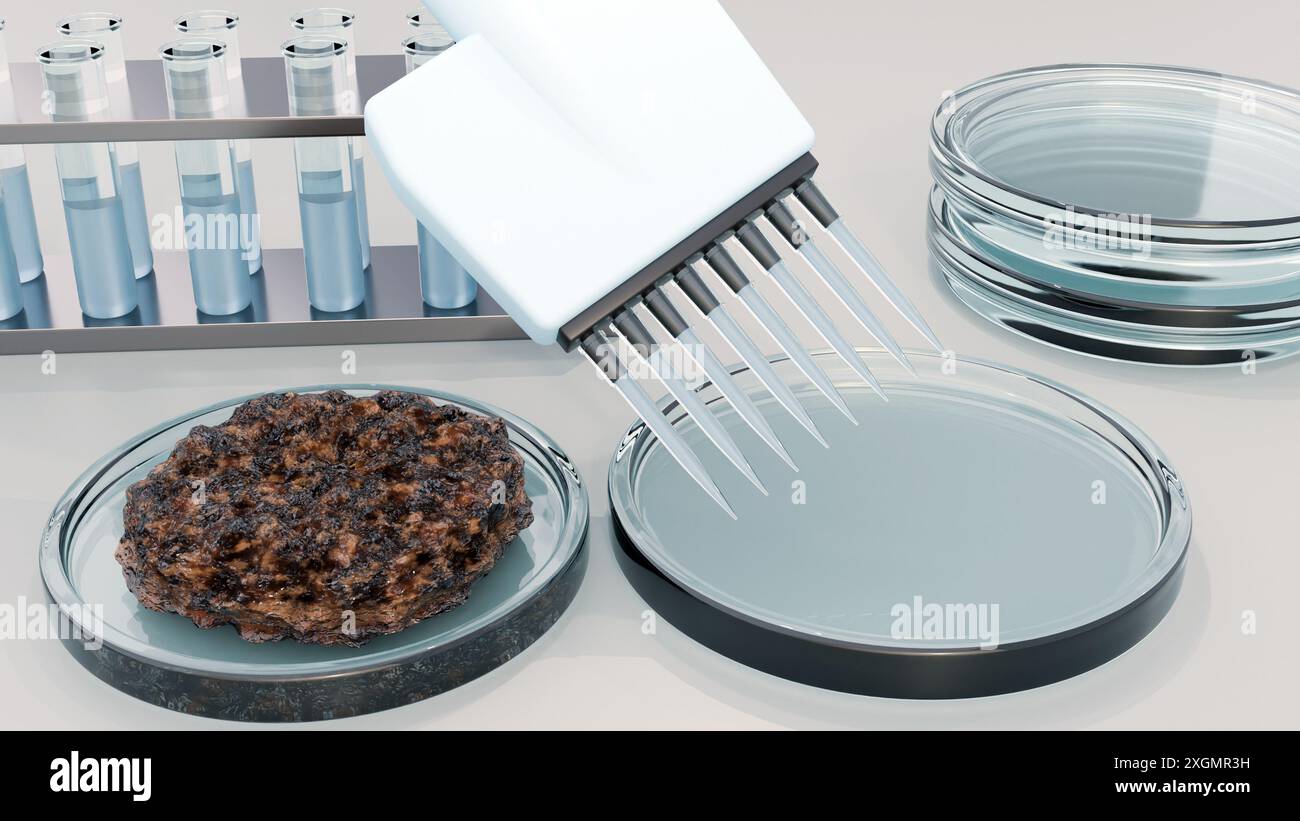 3d rendering of a round beef patty sits inside a petri dish, hinting at possible scientific ...