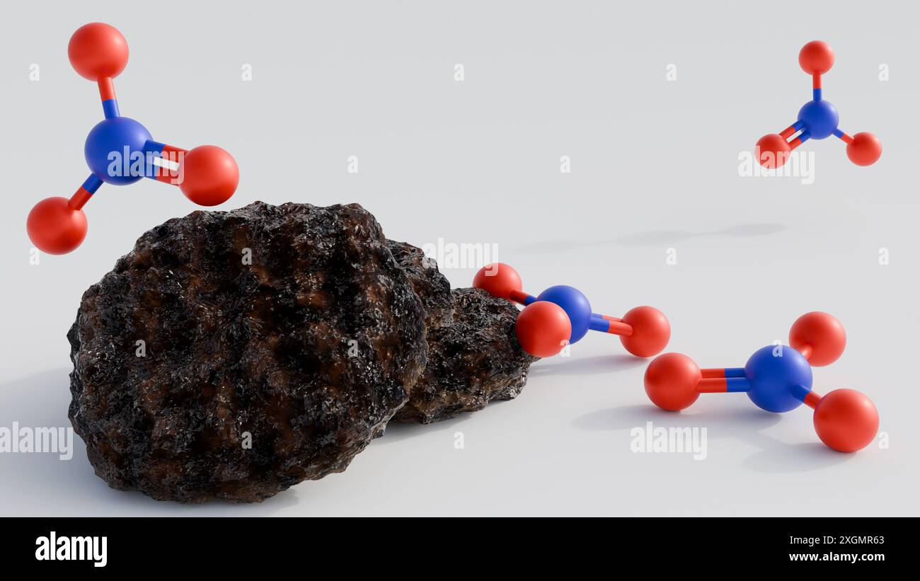3D rendering of cooked beef patty with nitrate molecules isolated in a ...