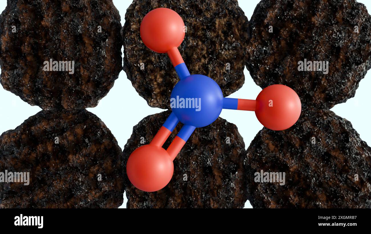 3D rendering of cooked beef patty with nitrate molecules isolated in a ...