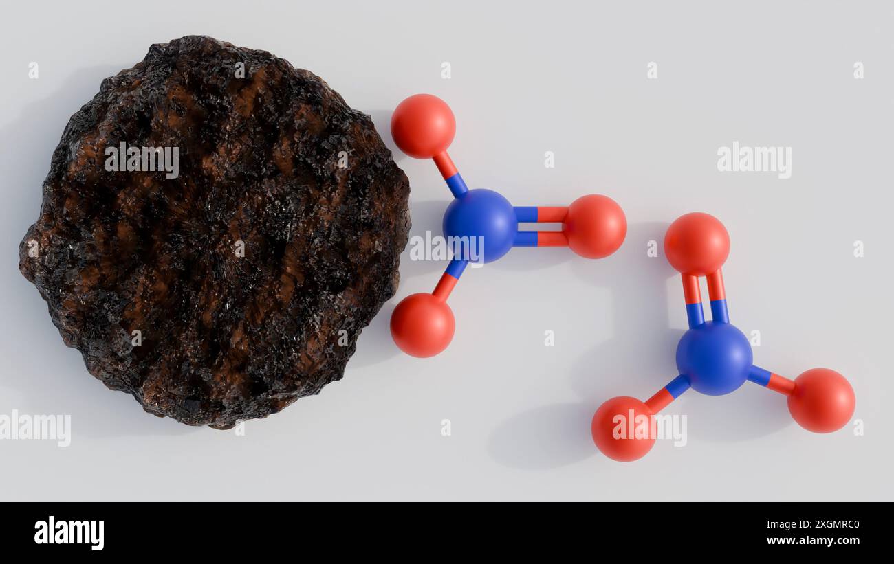 3D rendering of cooked beef patty with nitrate molecules isolated in a ...