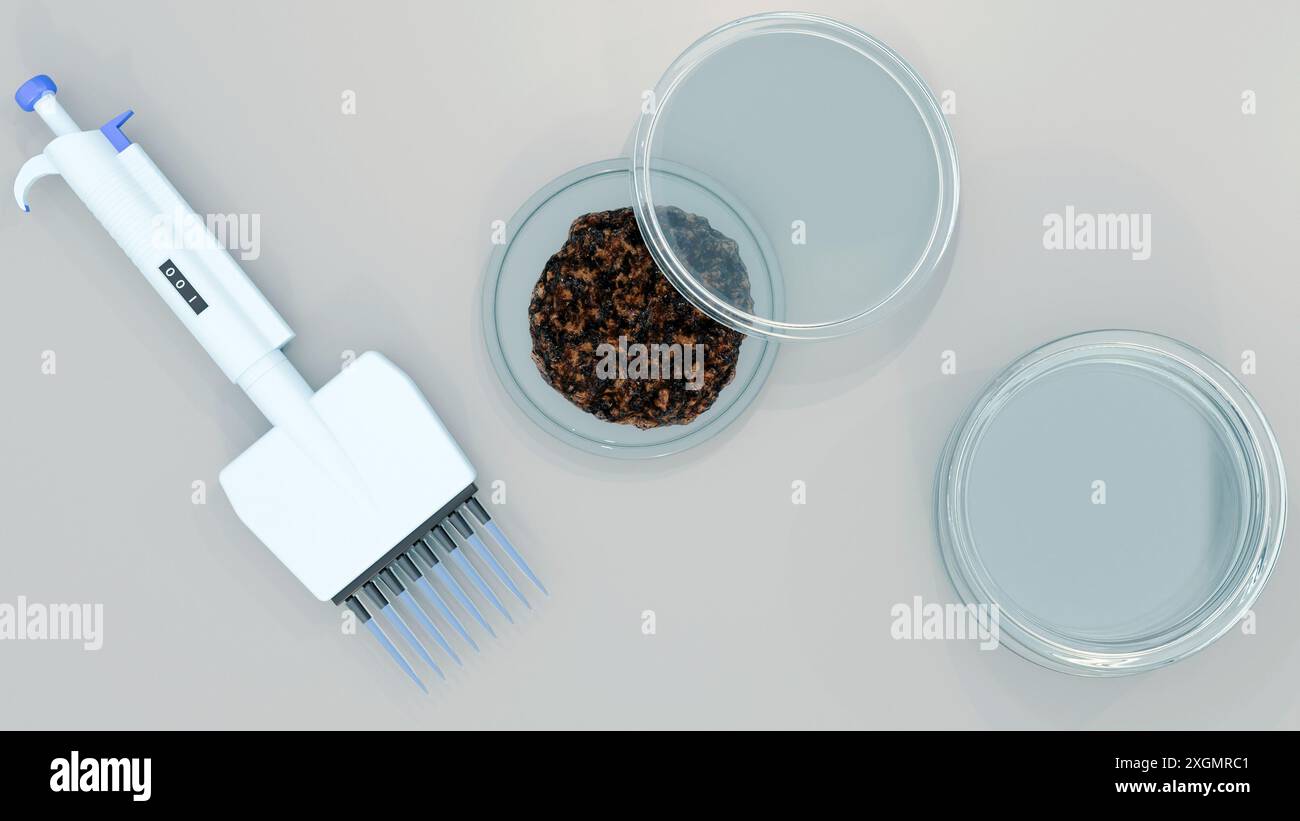 3d rendering of a round beef patty sits inside a petri dish, hinting at possible scientific ...