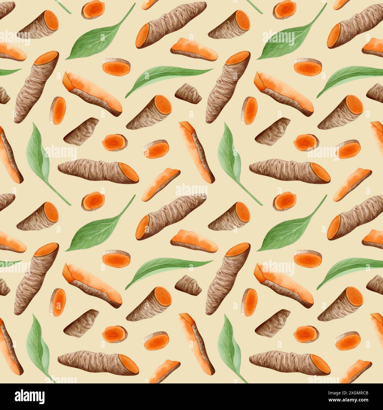 Watercolor turmeric roots, slices and leaves watercolor seamless ...