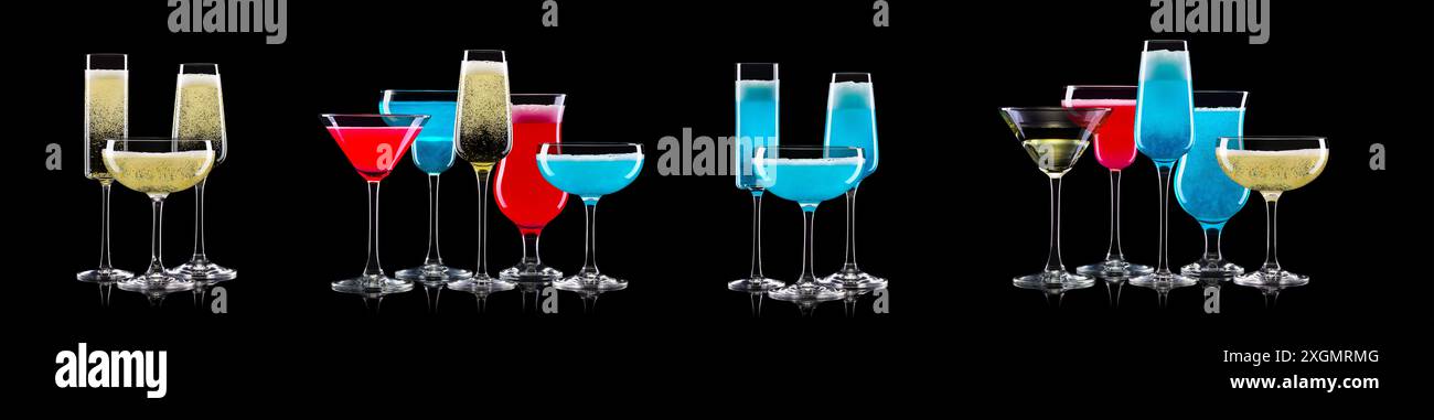 Set Of Different Glasses For Drinks And Cocktails On Black Background With Clipping Path Stock