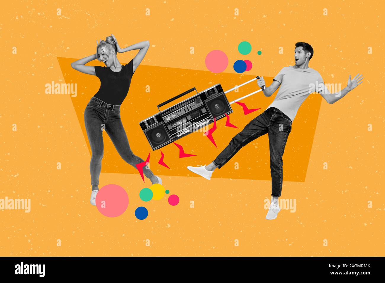 Creative invitation poster collage of young funky people crowd dancing ...