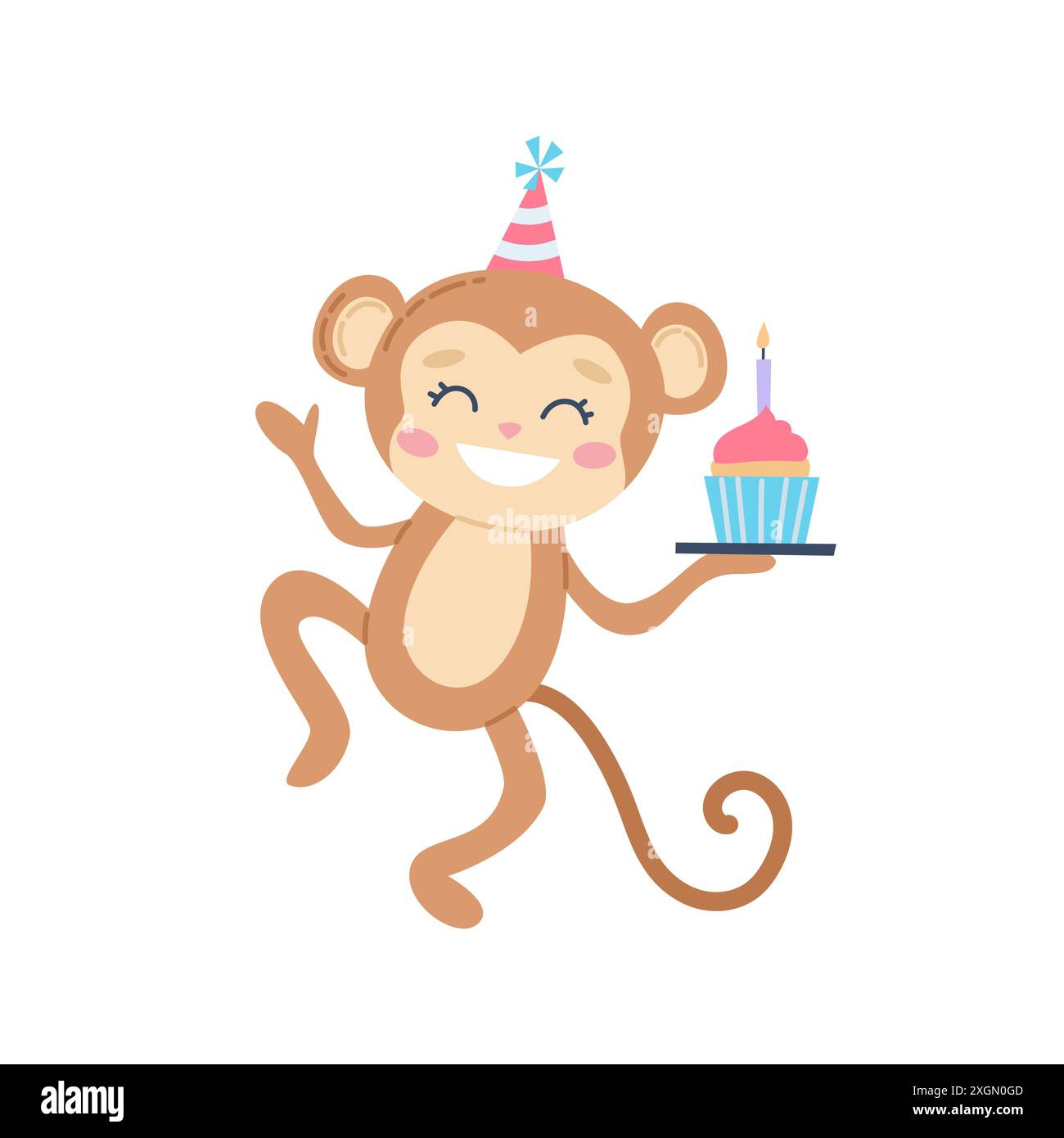 Cute monkey for children. Birthday greetings, cake and party hat ...