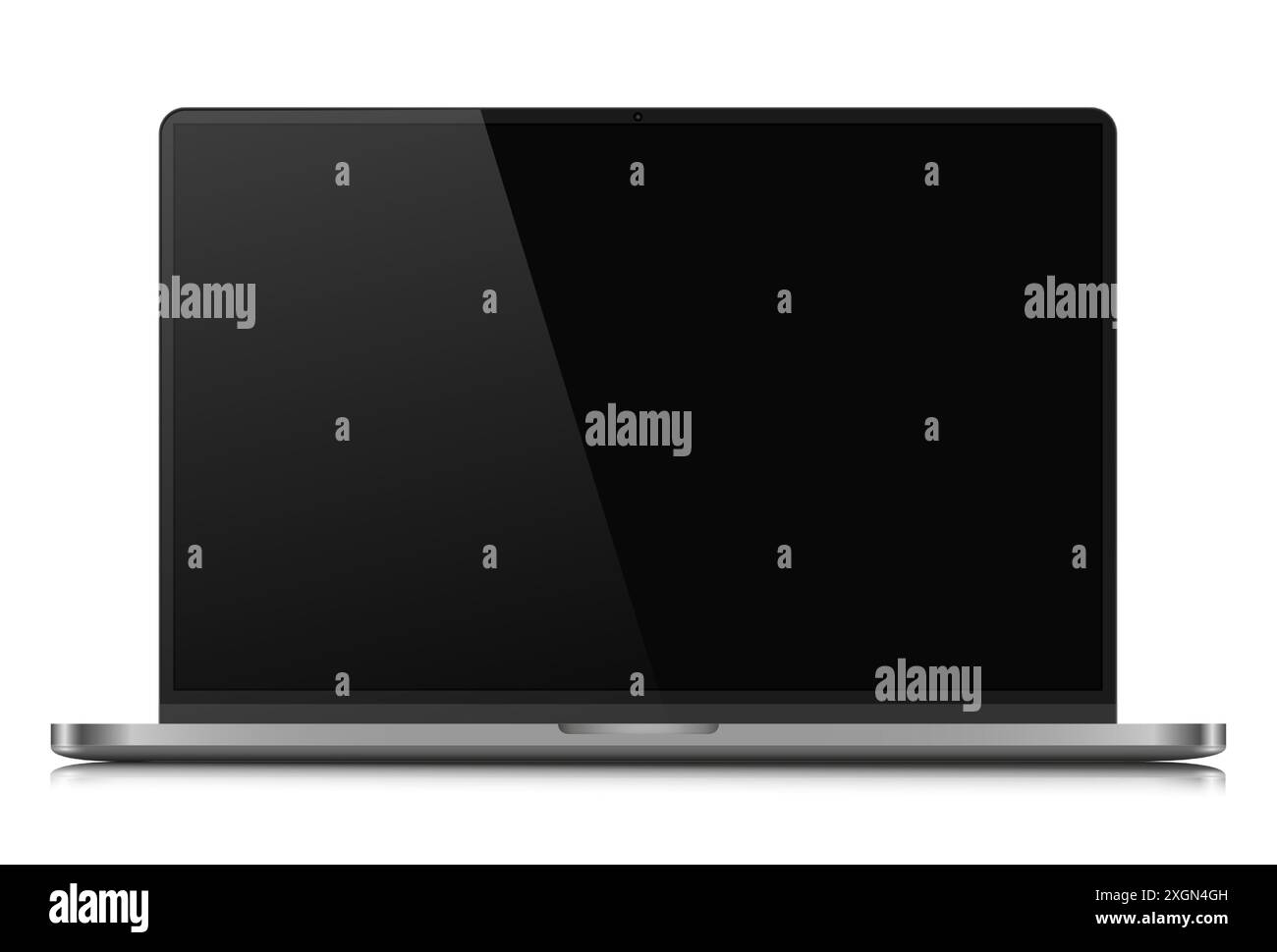 A laptop with an empty black screen with a glare on a white background ...