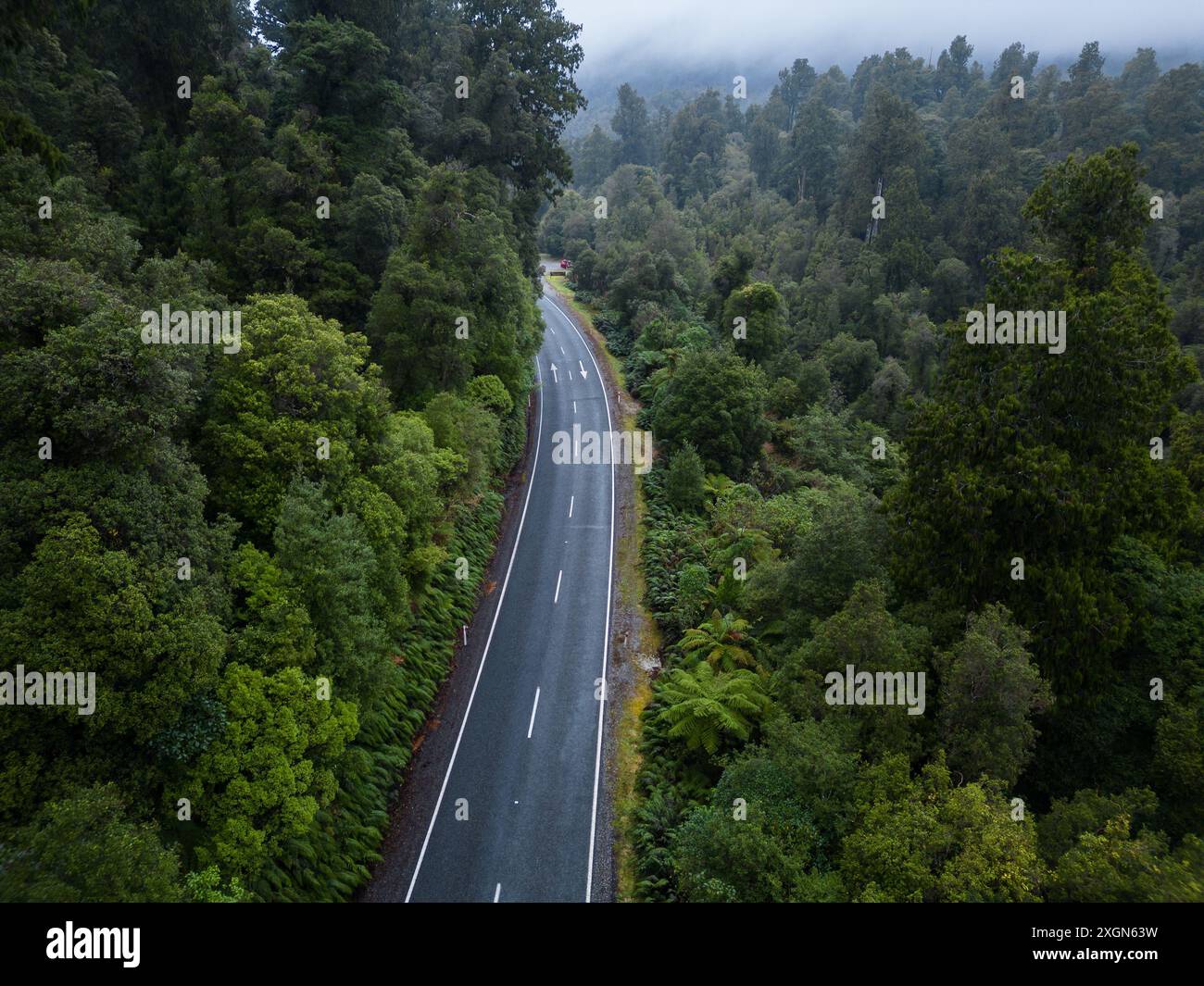 Haast Pass, New Zealand: Aerial drone view of the pass road between ...
