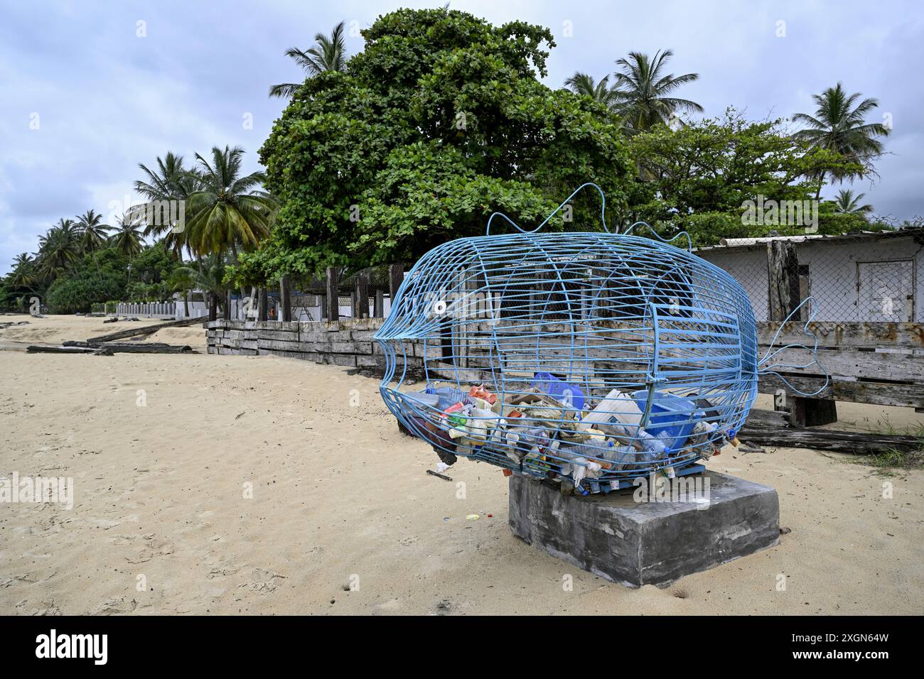 Container for washed up plastic waste on the beach, Libreville ...