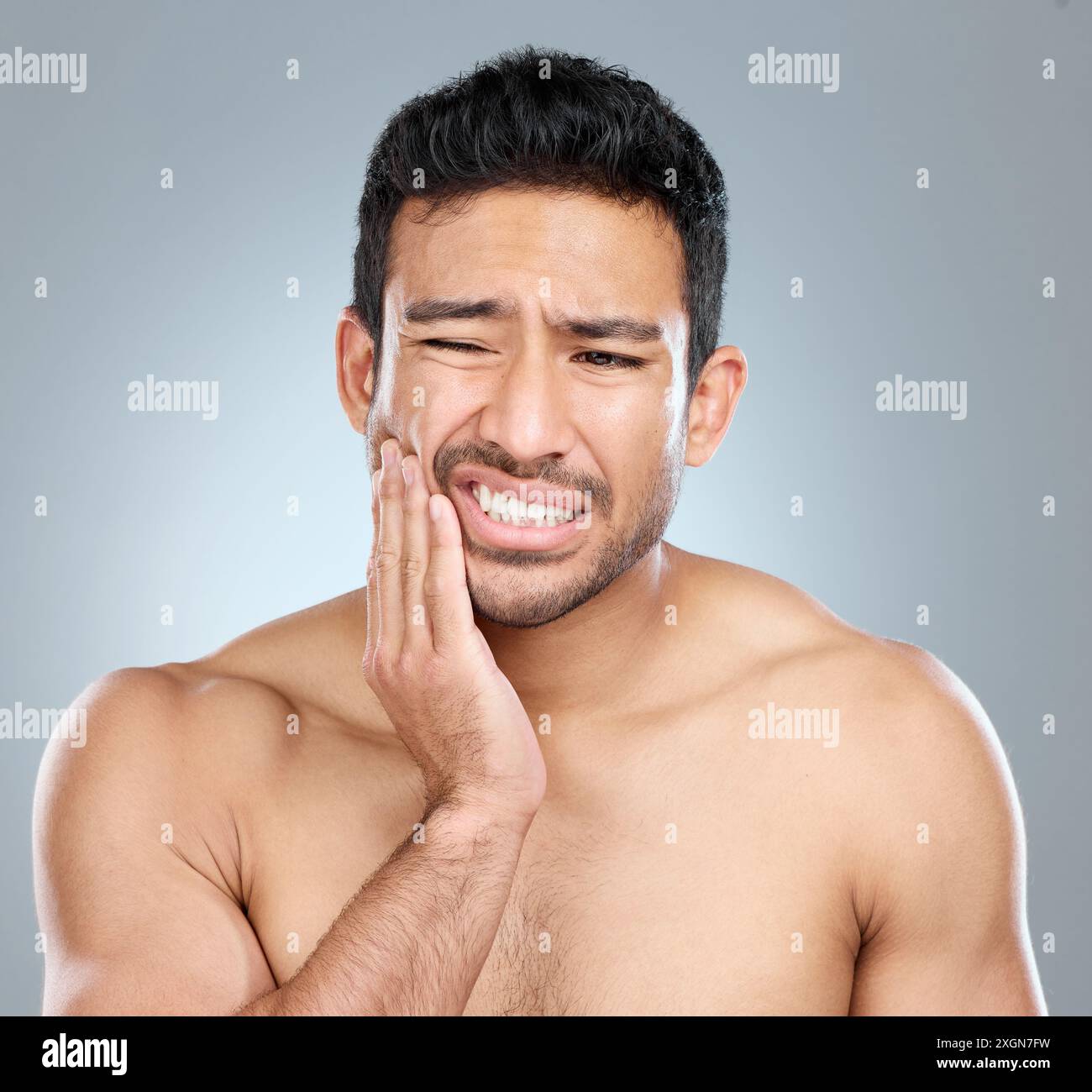 Pain, man and teeth with hand for toothache, mouth and sore on white ...