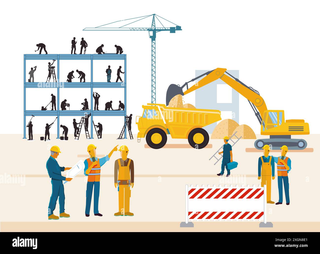 Construction worker on the construction site, illustration Stock Photo ...
