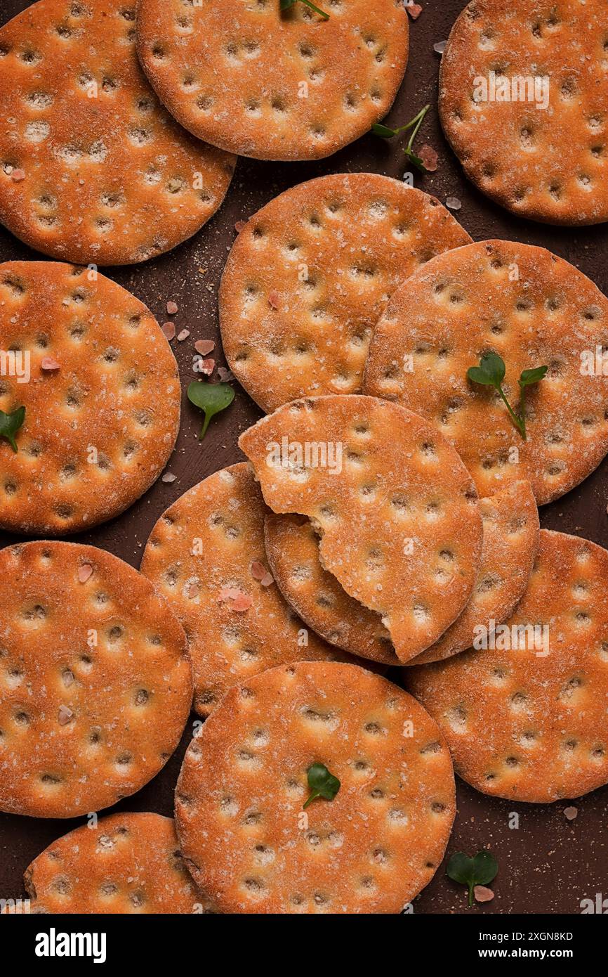 Crispbread, round, with salt and herbs, top view, food concept, no ...