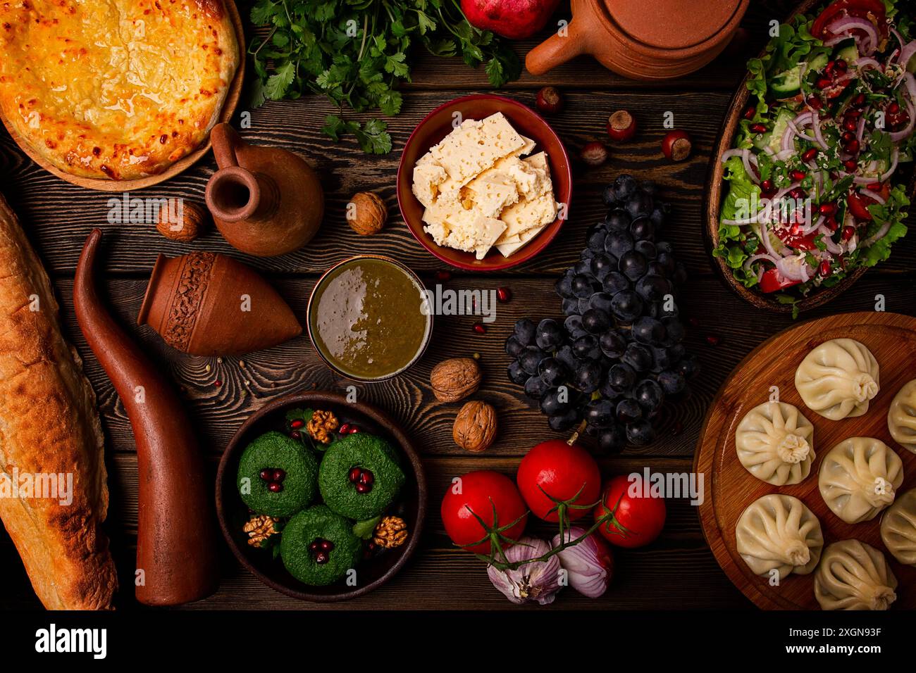 Traditional Georgian table, top view, Khinkali, Phali, Shoti ...