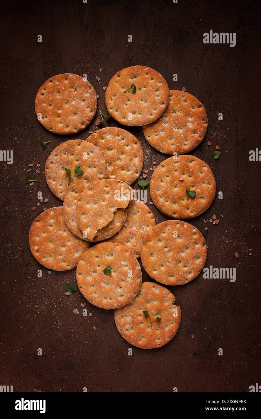 Crispbread, round, with salt and herbs, top view, food concept, no ...
