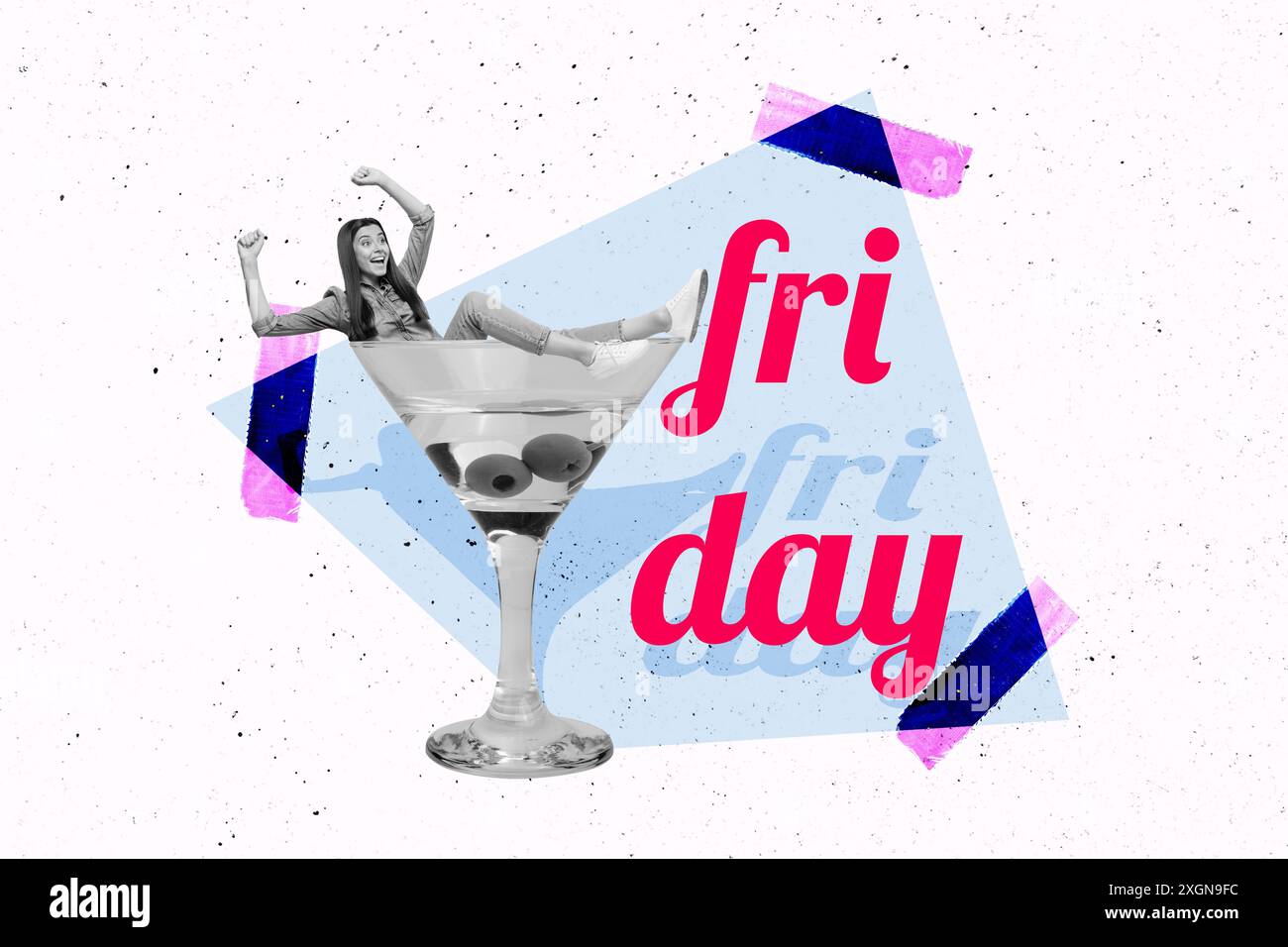 Composite photo collage of excited girl sit inside martini glass ...