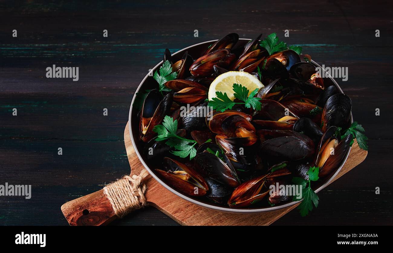 Fresh, Boiled mussels, Black Sea, with parsley and lemon, no people ...