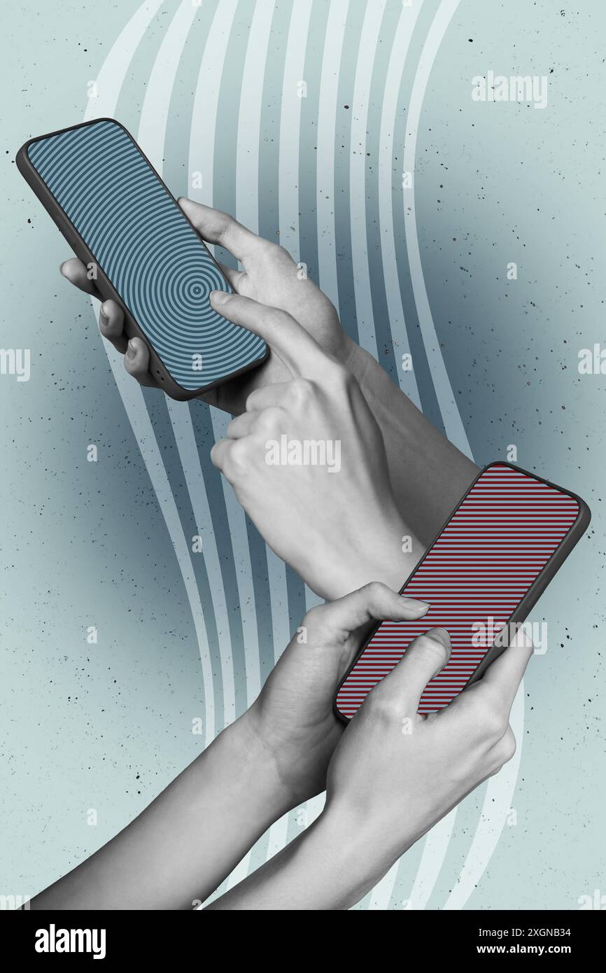 Vertical photo collage of hands hold iphone devices hypnosis wallpaper ...