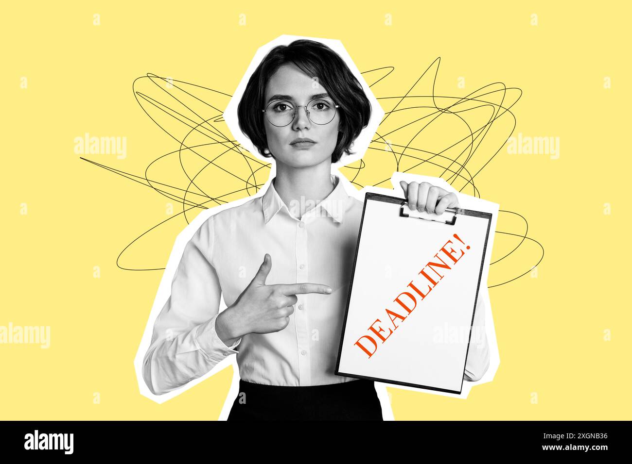Composite photo collage of serious strict girl point deadline clipboard ...