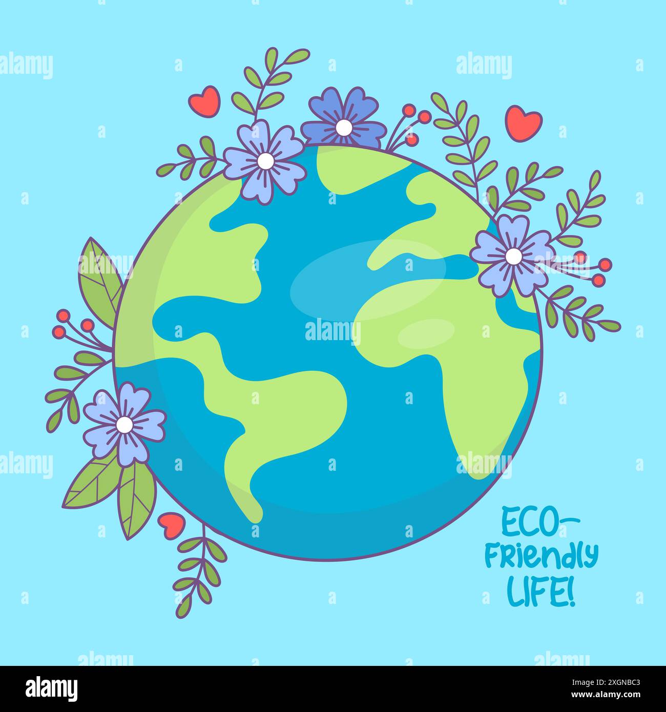 Eco-friendly life card. Blooming green planet Earth with flowers and ...
